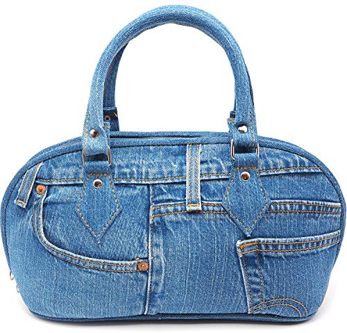 Bijoux De Ja Upcycling Blue Denim Trim Curved Shape Top Handle Handbag Purse (denim)