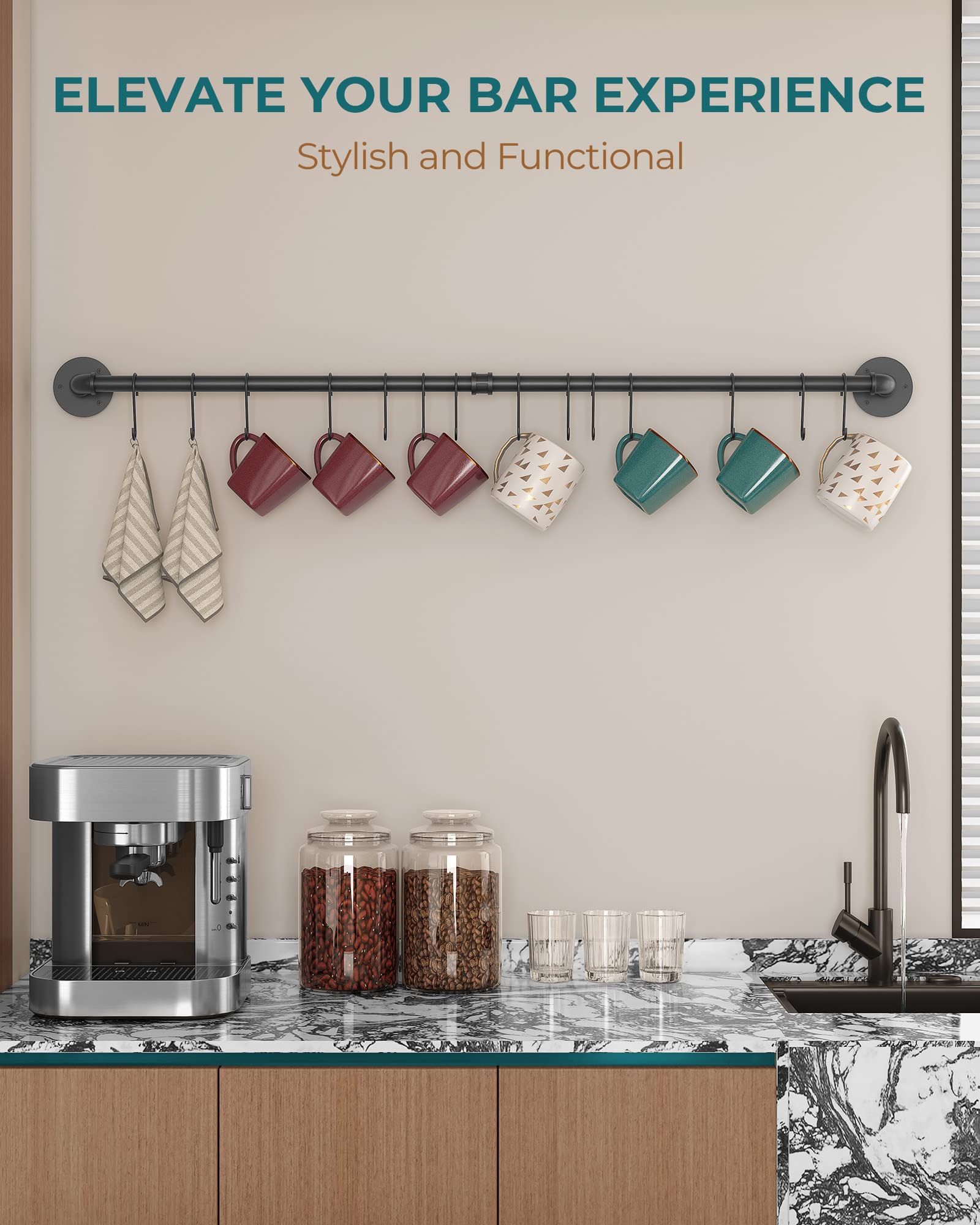 OROPY 39 inch Pot Bar Rack Wall Mounted Detachable Pans Hanging Rail Kitchen Lids Utensils Hanger with 14 S Hooks Black