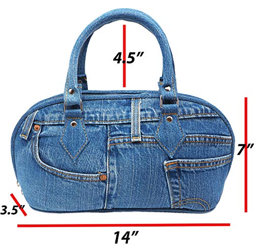 Bijoux De Ja Upcycling Blue Denim Trim Curved Shape Top Handle Handbag Purse (denim)