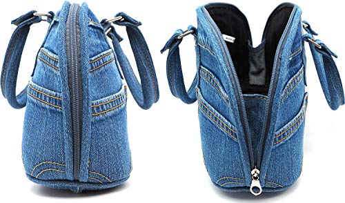 Bijoux De Ja Upcycling Blue Denim Trim Curved Shape Top Handle Handbag Purse (denim)