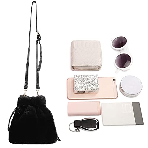 Van Caro Women’s Fashion Fuzzy Shoulder Bucket Purse Drawstring Bag Cross Body Bag, Black