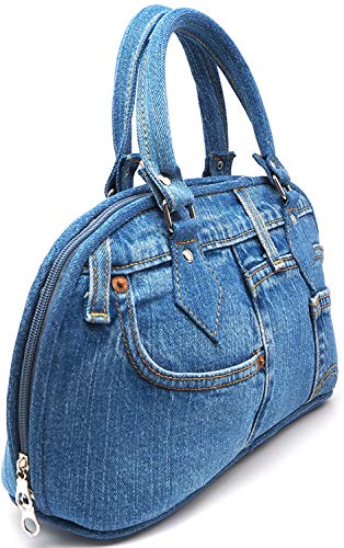 Bijoux De Ja Upcycling Blue Denim Trim Curved Shape Top Handle Handbag Purse (denim)