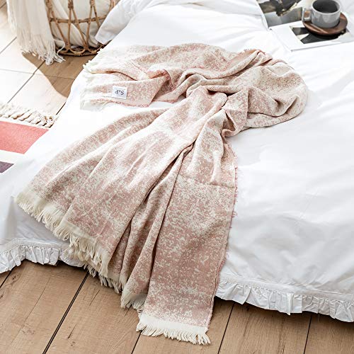 Cotton Fringed and Striped Throw Blanket for Bed, Couch,Knit Woven with Tassels Soft Lightweight Cozy Blanket Scarf Shawl Farmhouse Decoration for All-Season (Pink)