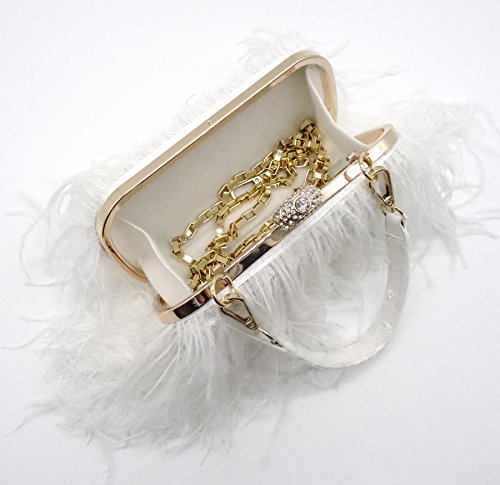 Zakia Real Natural Ostrich Feather Evening Clutch Shoulder Bag Party Bag (A-White)