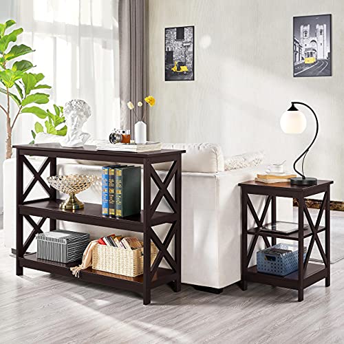 Yaheetech 3 Tier Console Table with 3 Storage Shelves, Entryway Table Sofa Side Narrow Long Table Bookshelf for Hallway Living Room, Accent Furniture, Espresso