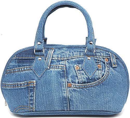 Bijoux De Ja Upcycling Blue Denim Trim Curved Shape Top Handle Handbag Purse (denim)