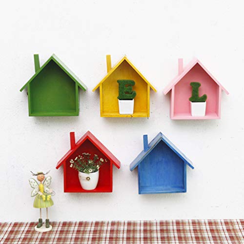 Cabilock Wooden House-Shaped Wall Storage Shelf Display Box Plant Pot Rack Holder Organizer for Bedroom Kids Room Kitchen (Pink)