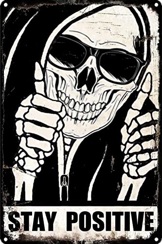 Funny Skull Tin Sign Gothic Room Decor Vintage Aesthetic Stay Positive Metal Signs Edgy Decoration For Home Kitchen Bedroom 8x12 Inch