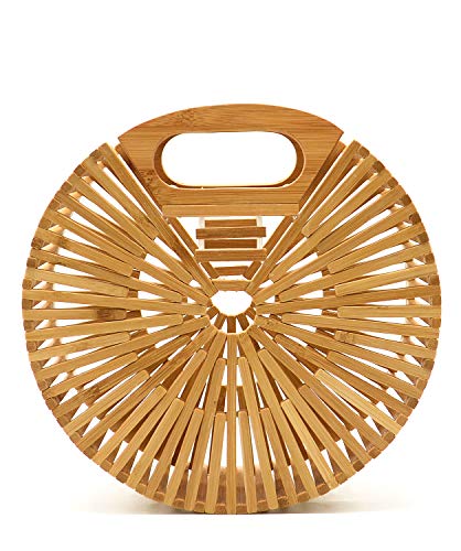 Miuco Women Bamboo Top-Handle Handbags Round Straw Beach Tote Bag Small