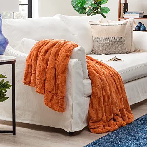 Chanasya Fuzzy Faux Fur Rectangular Embossed Throw Blanket - Super Soft and Warm Lightweight Reversible Sherpa for Couch, Home, Living Room, and Bedroom Décor (50x65 Inches) Orange