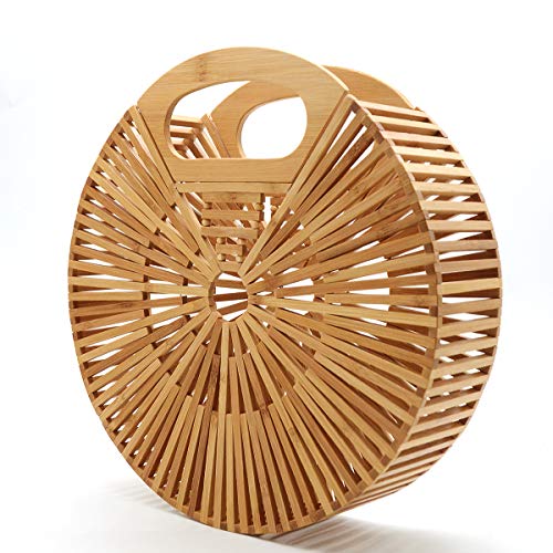 Miuco Women Bamboo Top-Handle Handbags Round Straw Beach Tote Bag Small