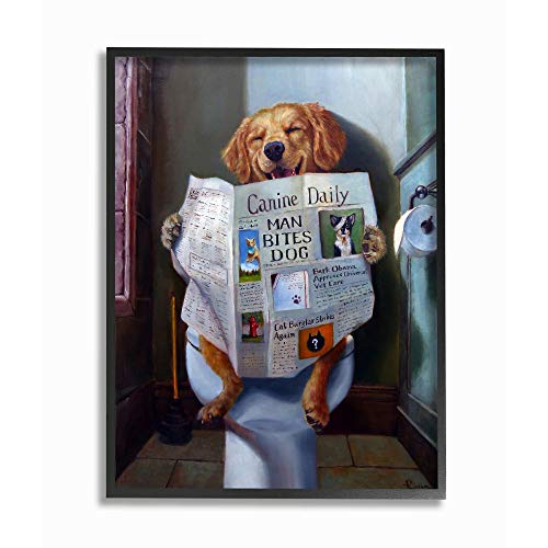 Stupell Industries Dog Reading The Newspaper On Toilet Funny Painting Black Framed Wall Art, 11 x 14, Multicolor