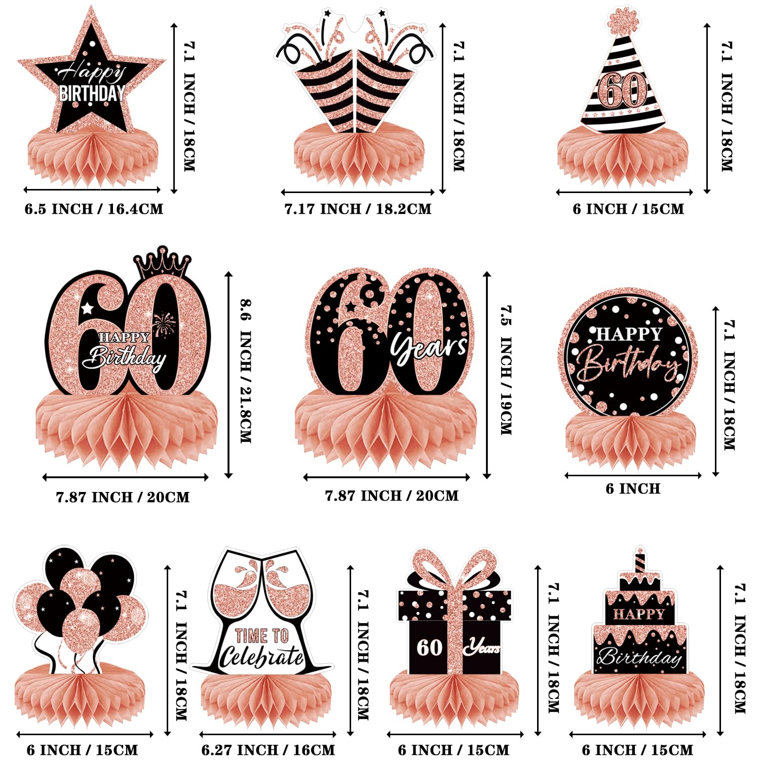 10 PCS Rose Gold 60th Birthday Decoration，60th Birthday Centerpieces for Tables， Happy 60th Honeycomb Table Topper for Women，60th Birthday Table Sign Decor