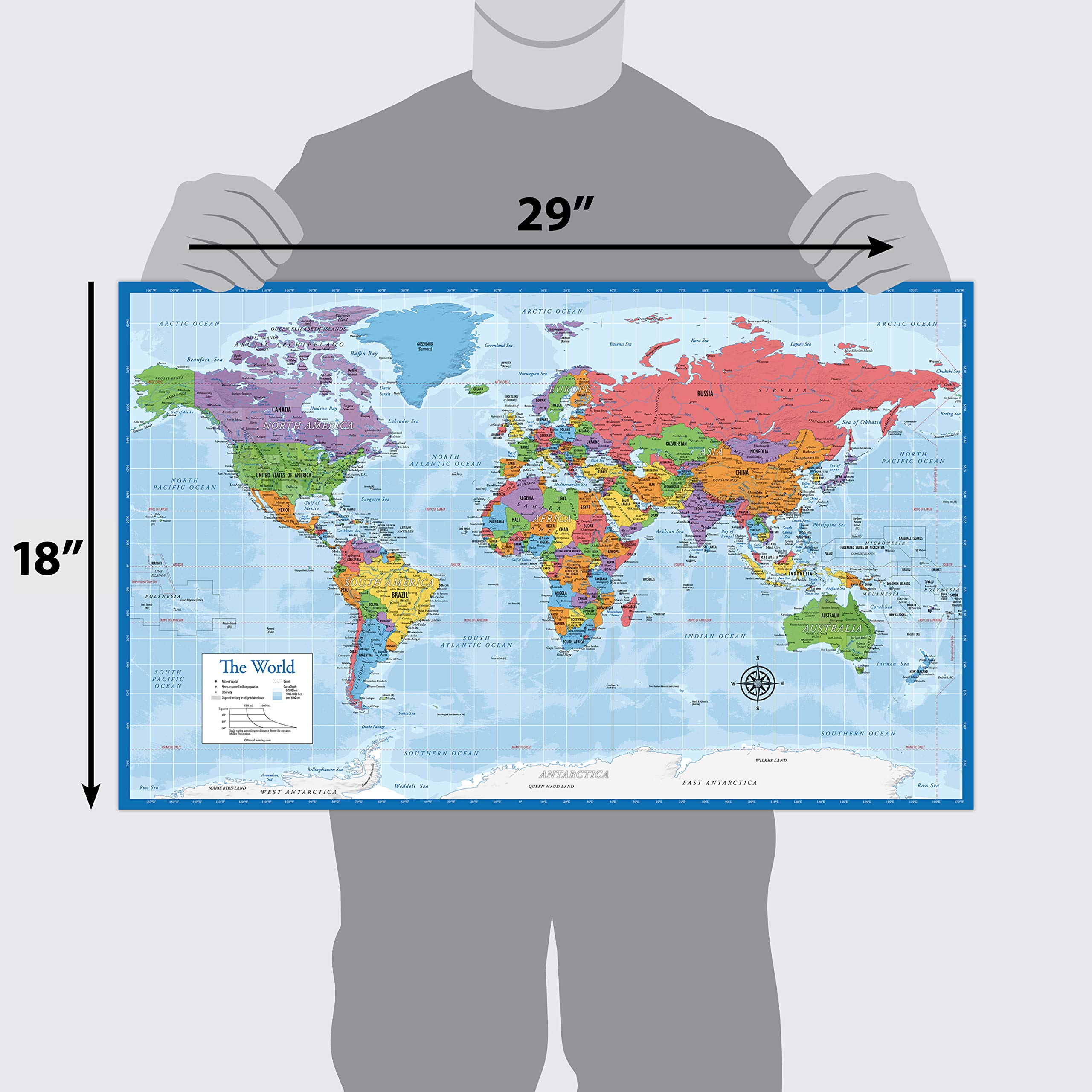 Laminated World Map - 18" x 29" - Wall Chart Map of the World - Made in the USA