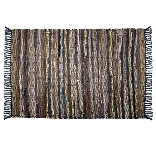 COTTON CRAFT Leather Chindi Area Rug - Boho Farmhouse Rustic Accent Rug - Handwoven Reversible Natural Recycled Leather Throw Rug - Entryway Living Room Dorm Study Gift - 24 x 36 Inch - Tan Multicolor
