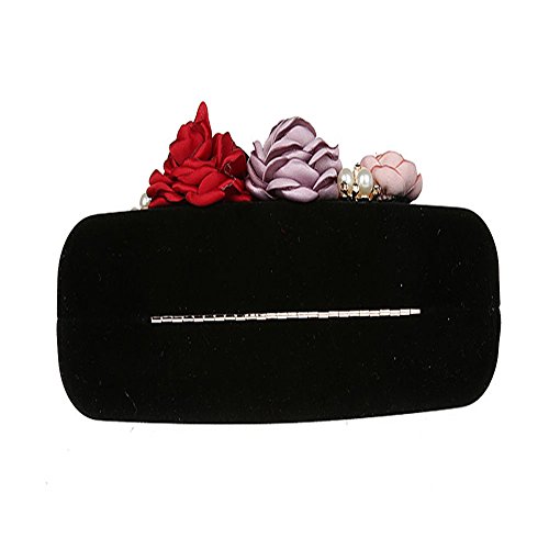 Women's Flower Evening Bag Black Clutch Purse Handbag Metal Frame Large Clutch Bag Wedding Hand Bag Carved Handle (Ship From the US)