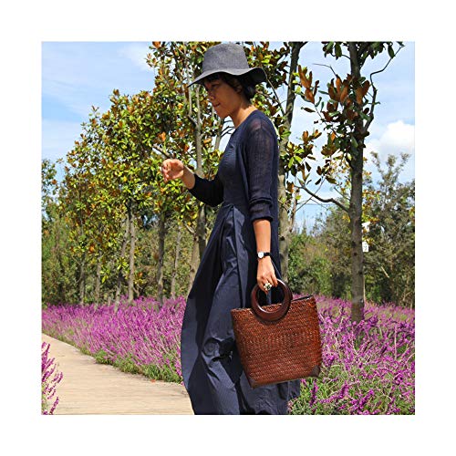 QTKJ Hand-woven Womens Straw Large Boho Handbag Bag for Women, Summer Beach Rattan Tote Travel Bag with Wood Round Top Handle (Brown)