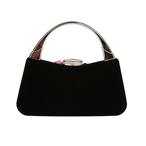 Women's Flower Evening Bag Black Clutch Purse Handbag Metal Frame Large Clutch Bag Wedding Hand Bag Carved Handle (Ship From the US)