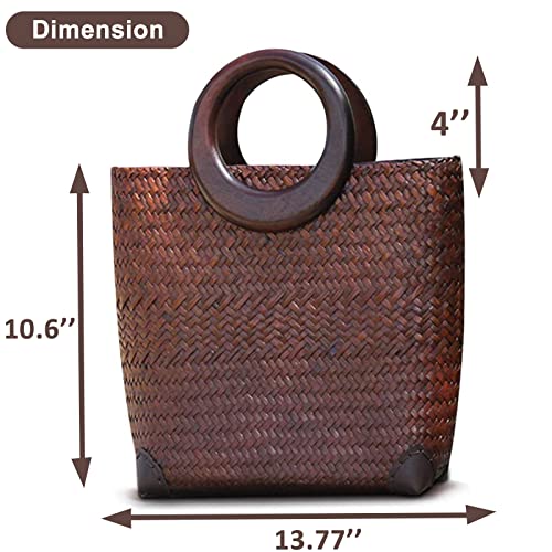 QTKJ Hand-woven Womens Straw Large Boho Handbag Bag for Women, Summer Beach Rattan Tote Travel Bag with Wood Round Top Handle (Brown)