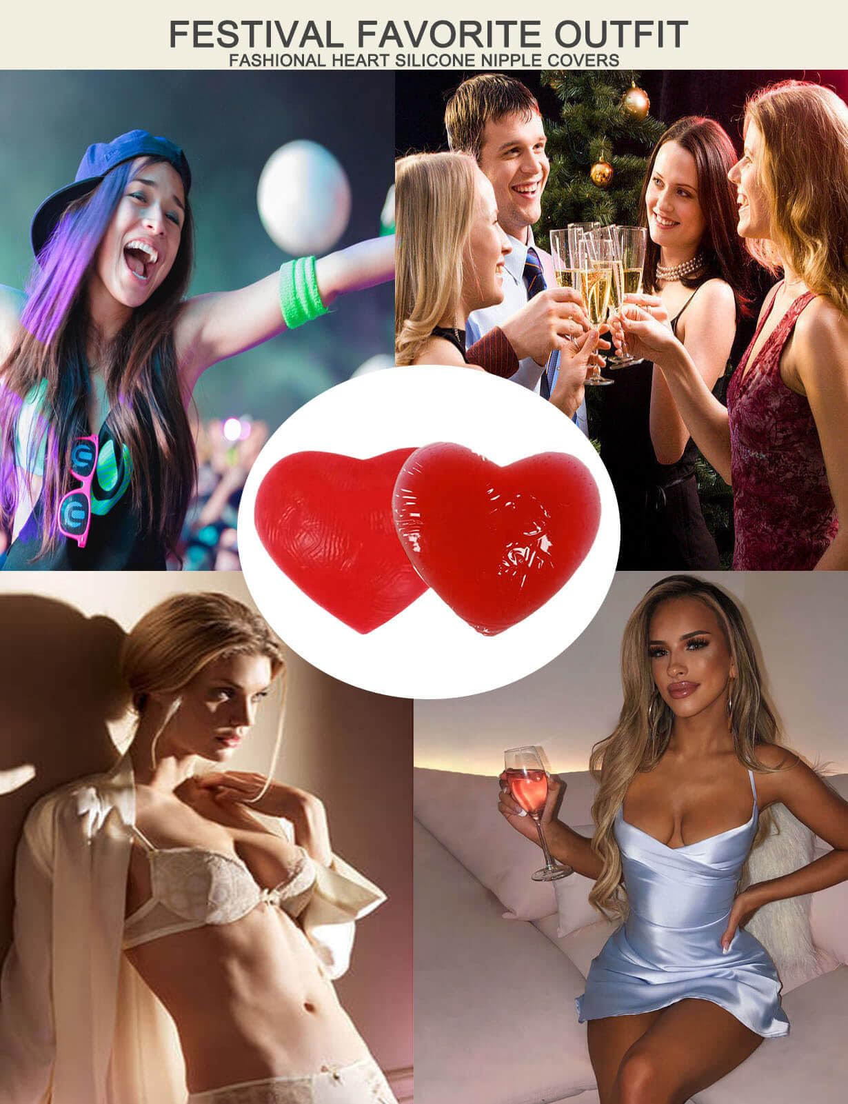 Kelivy Pasties Nipple Covers Rave, Red Heart Thin Nipple Pasties Adhesive Silicone Reusable Stickers Petals for Women 2 Pairs