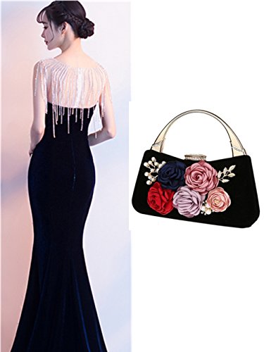 Women's Flower Evening Bag Black Clutch Purse Handbag Metal Frame Large Clutch Bag Wedding Hand Bag Carved Handle (Ship From the US)