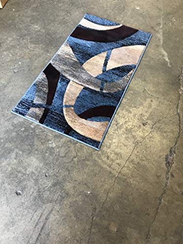 Modern Door Mat Area Rug Contemporary Geometric Blue Burgundy Black & Beige Sculpture Design 248 (2 Feet X 3 Feet 4 Inch)