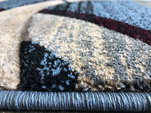 Modern Door Mat Area Rug Contemporary Geometric Blue Burgundy Black & Beige Sculpture Design 248 (2 Feet X 3 Feet 4 Inch)