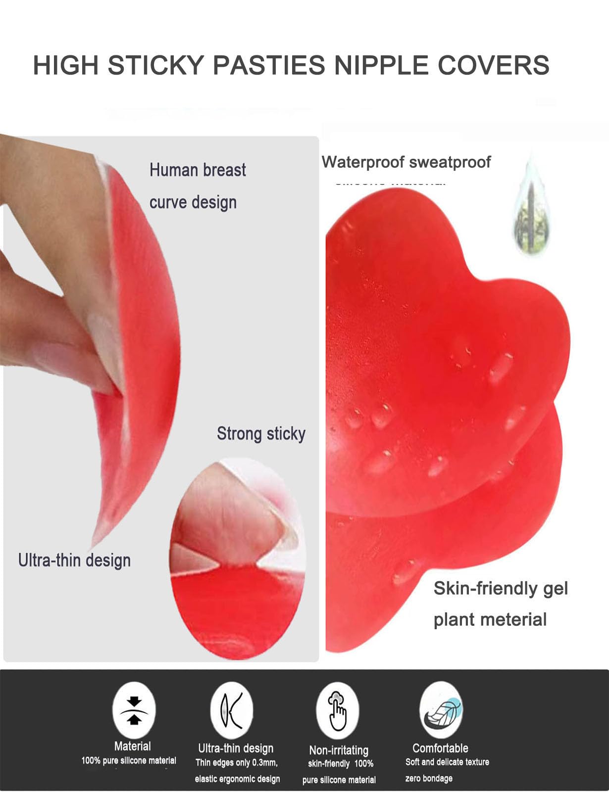 Kelivy Pasties Nipple Covers Rave, Red Heart Thin Nipple Pasties Adhesive Silicone Reusable Stickers Petals for Women 2 Pairs