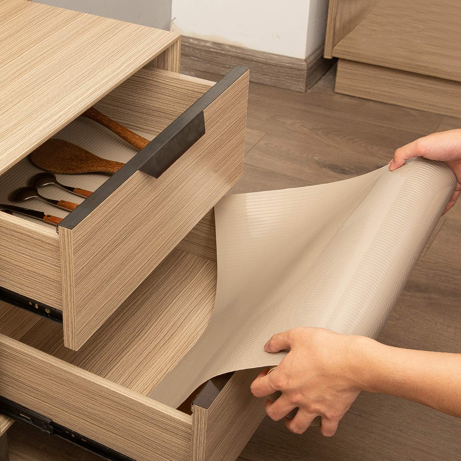 SinhRinh Drawer and Shelf Liner, 12IN x 20FT Non Slip Non Adhesive Cabinet Liner for Kitchen and Desk - Beige Ribbed