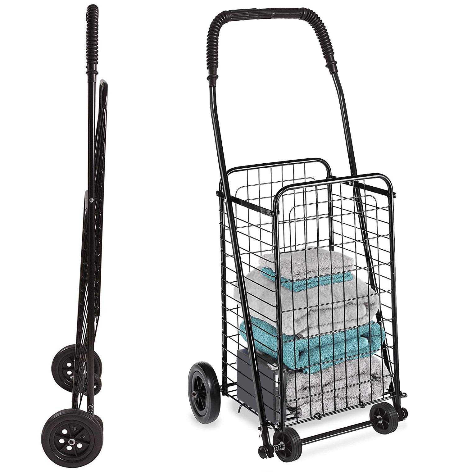 DMI Utility Cart with Wheels, Grocery and Shopping Cart, Laundry Cart, Stair Climber Cart, Lightweight, Holds up to 90 Pounds, Compact and Foldable, Black