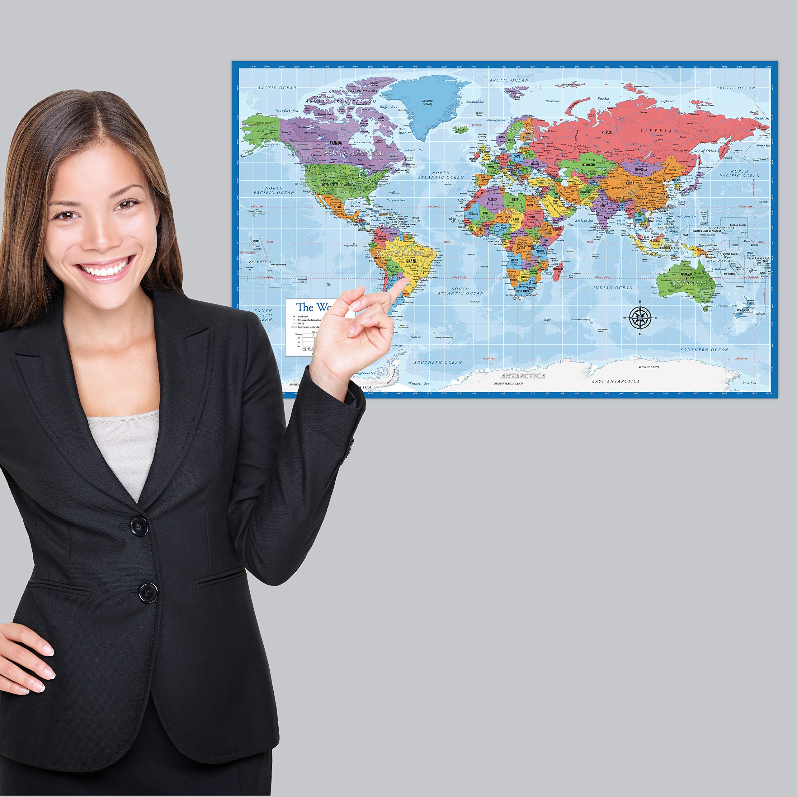 Laminated World Map - 18" x 29" - Wall Chart Map of the World - Made in the USA