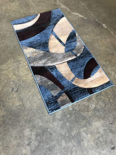 Modern Door Mat Area Rug Contemporary Geometric Blue Burgundy Black & Beige Sculpture Design 248 (2 Feet X 3 Feet 4 Inch)