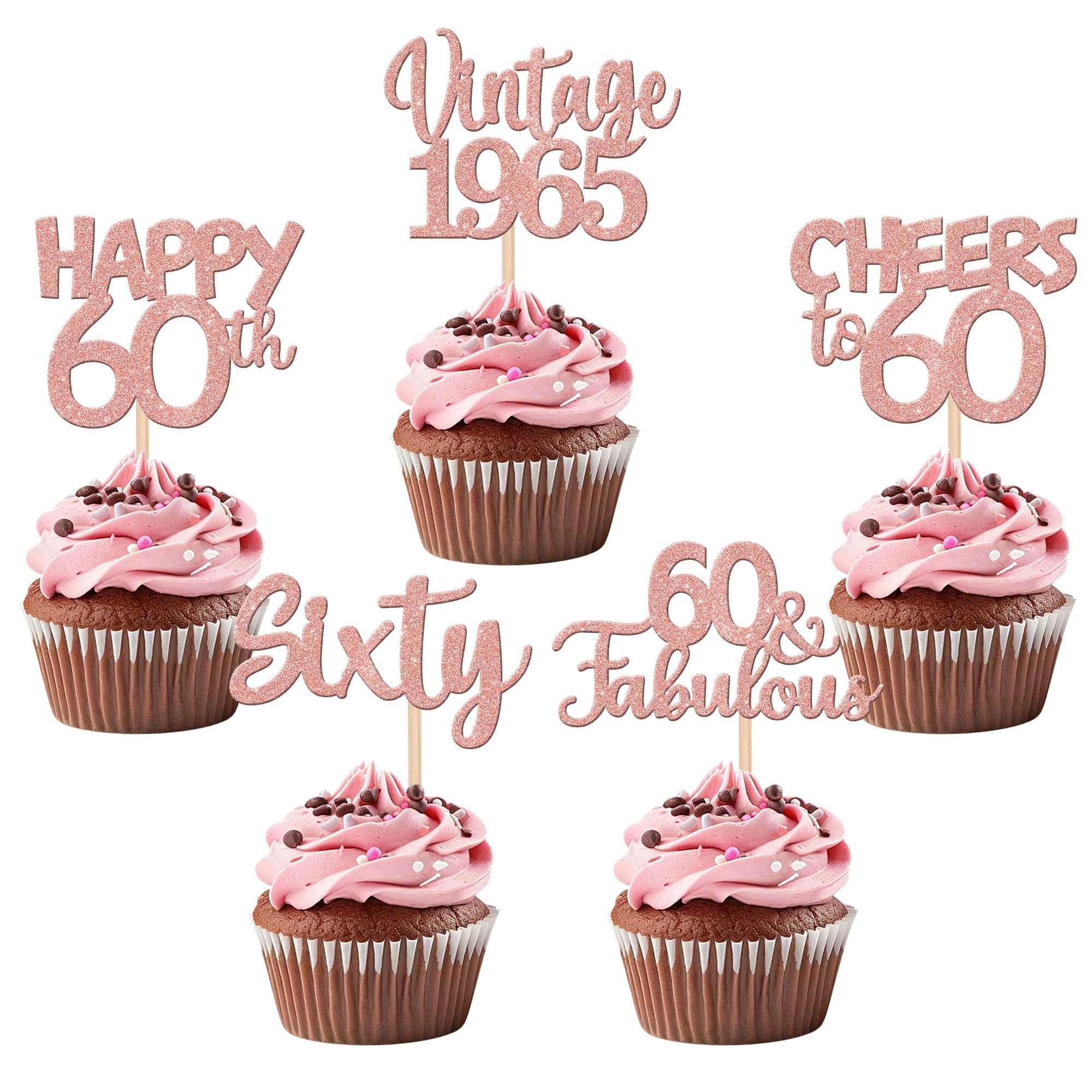 30PCS Vintage 1965 Cupcake Toppers Glitter Sixty 60 Fabulous Happy 60th Birthday Cupcake Picks Cheers to 60 Years for 60th Birthday Anniversary Party Cake Decorations Supplies Rose Gold