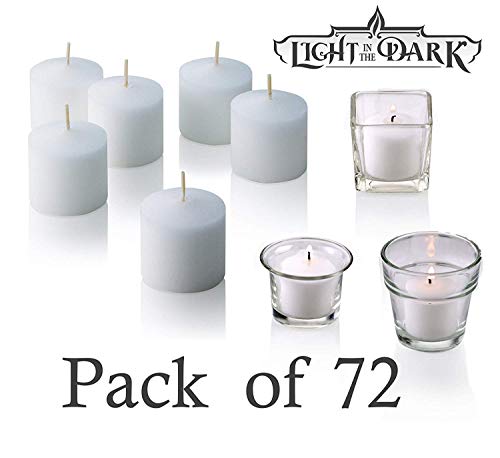 Light In The Dark White Votive Candles - Box of 72 Unscented Candles - 10 Hour Burn Time - Bulk Candles for Weddings, Parties, Spas and Decorations