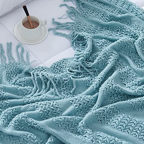 jinchan Cable Knit Throw Blanket Teal Soft Blanket with Tassels Indoor Outdoor Travel Warm Coverlet for Sofa Comforter Couch Bed Throw Blanket Spring Living Room Decor Nursery Gift 50x60 inch