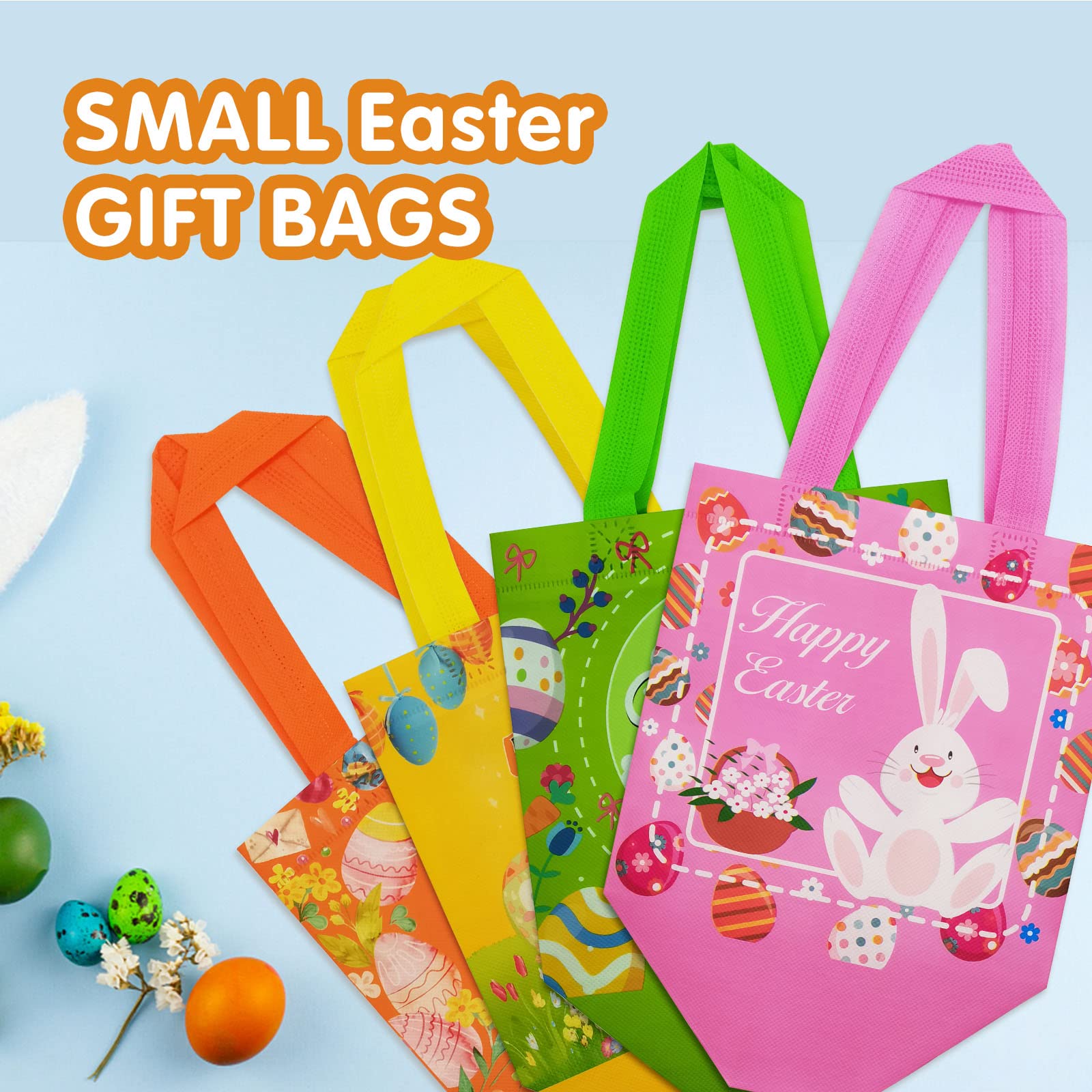 M-Sorflly Easter Bags（9Pcs）- Easter Gift Bags for Kids with Handles, Small Easter Egg Hunt Bags, Reusable Non-Woven Bunny Tote Bags for Easter Treat, Game & Party Supplies Size 8 * 8 * 6inches