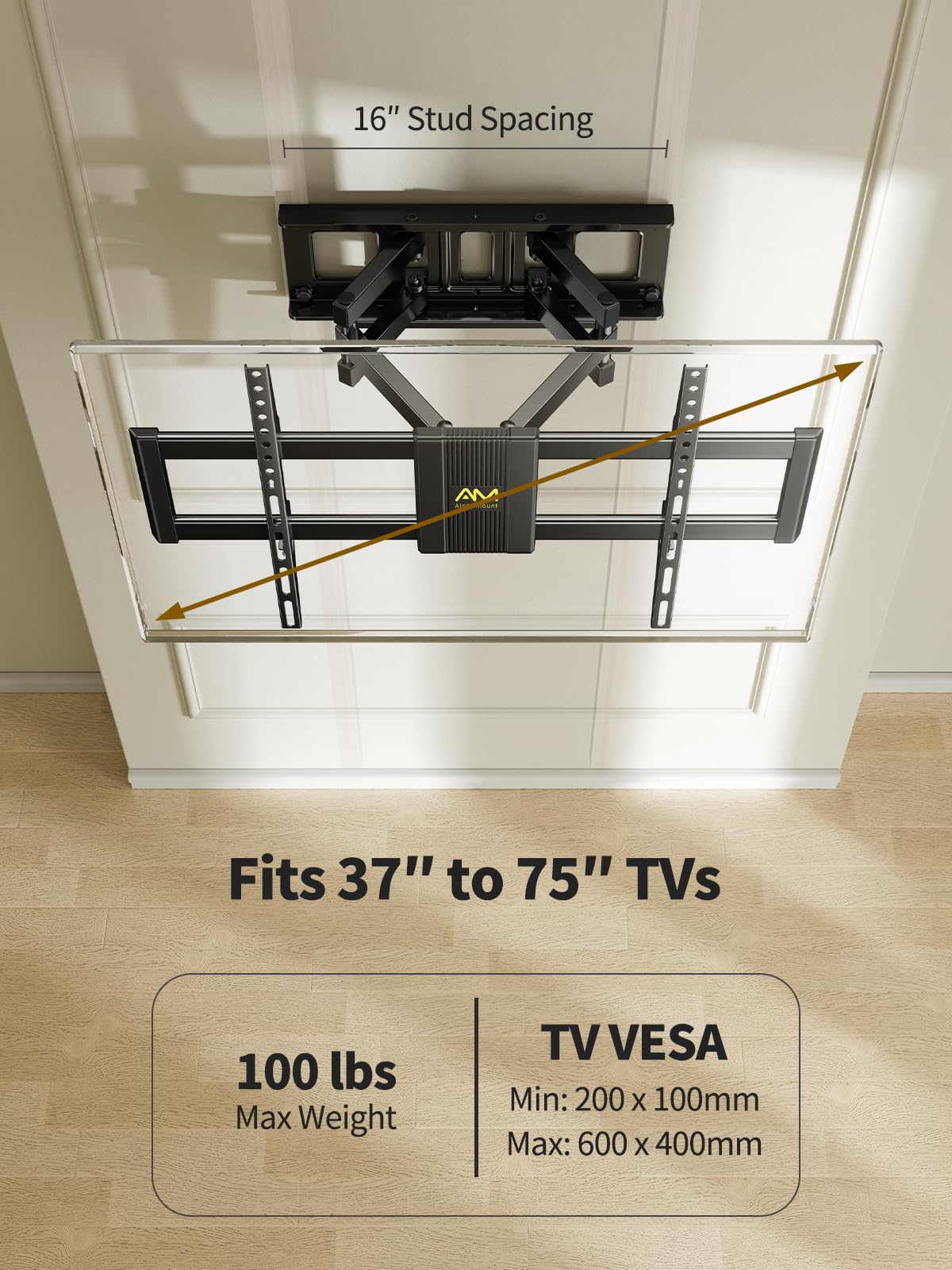 AM alphamount Full Motion TV Wall Mount for Most 37-75 Inch TVs up to 100 lbs, Swivel TV Mount with Dual Articulating Arms, Wall Mount TV Bracket Max VESA 600x400mm, Fits 16″ Wood Studs, APLF6