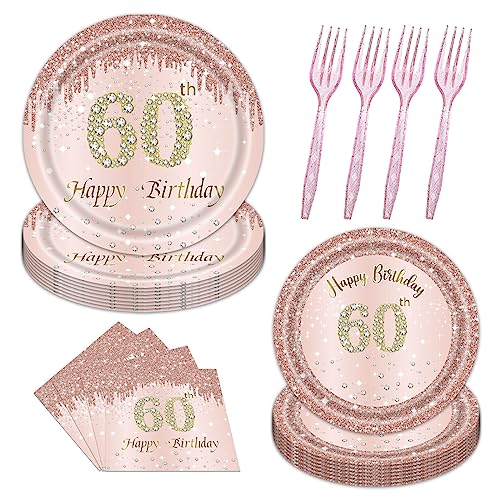 96PCS 60th Birthday Party Tableware Set 60th Birthday Party Supplies 60th Birthday Plates and Napkins 60th Birthday Party Decorations for Women Pink Rose Gold Birthday Plates Napkins Forks Serve 24
