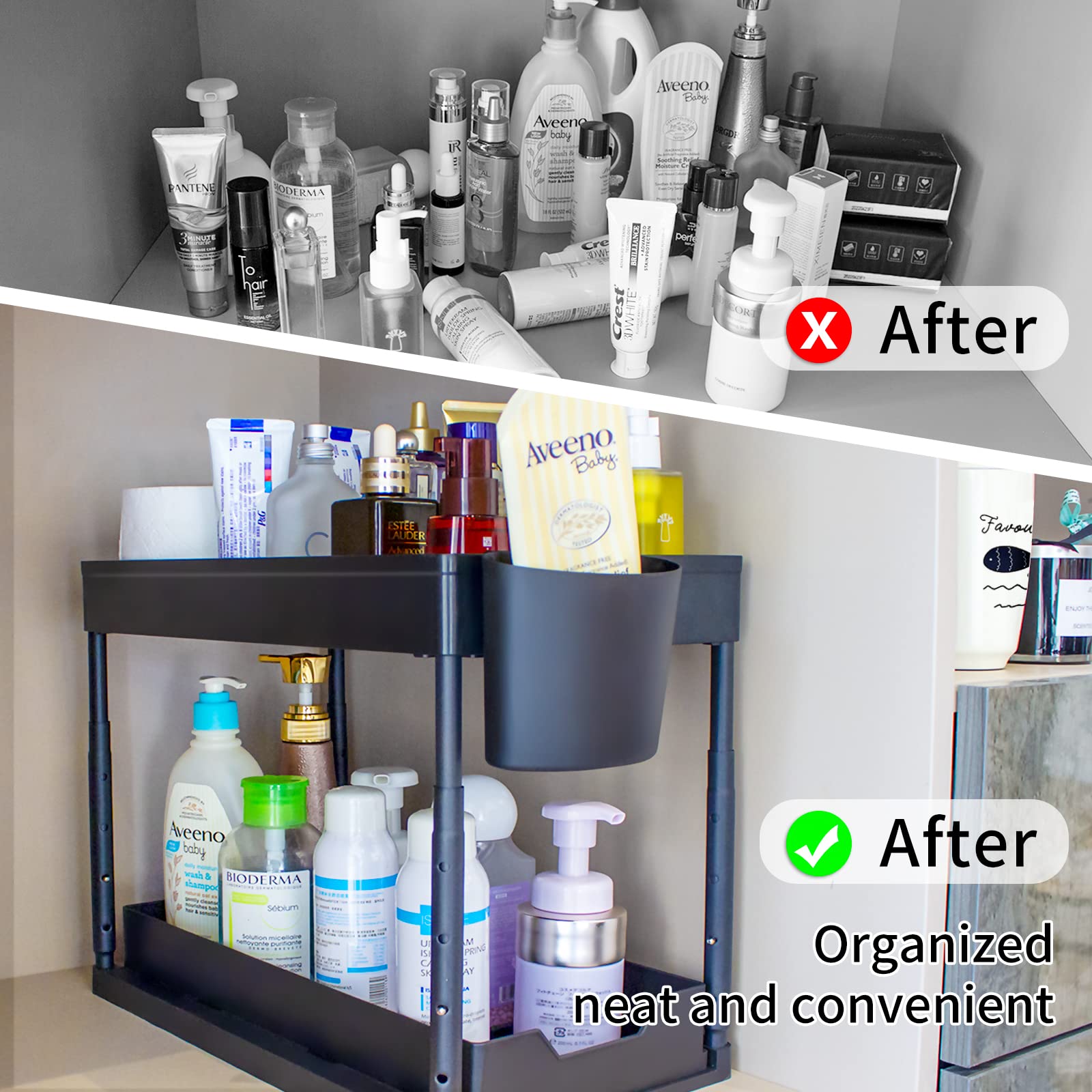DOFIMATE 2 Pack Under Sink Organizers and Storage Bathroom,2 Tier Adjustable Height Cabinet Basket Organizer, The Bottom Slide Out Basket Under Kitchen Used for Bathroom, Storage Room