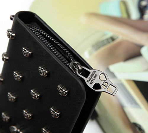 Yesiyan Women's Vintage Punk Leather Card Holder Wallet Skull Clutch Purse Black