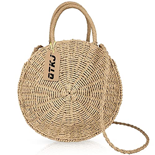 Women Straw Summer Beach Bag Handwoven Round Rattan Bag Cross Body Bag Shoulder Messenger Satchel with Handle