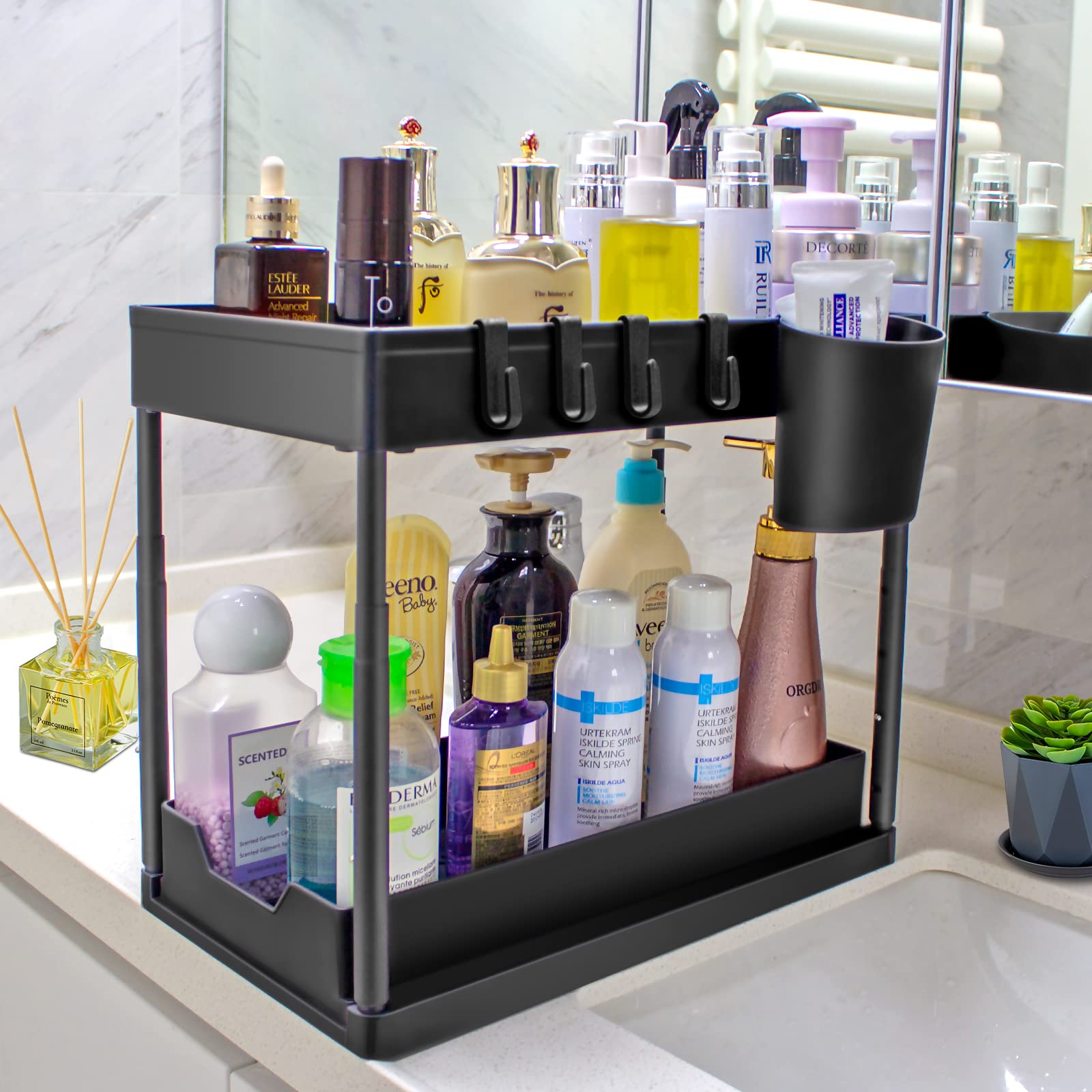 DOFIMATE 2 Pack Under Sink Organizers and Storage Bathroom,2 Tier Adjustable Height Cabinet Basket Organizer, The Bottom Slide Out Basket Under Kitchen Used for Bathroom, Storage Room