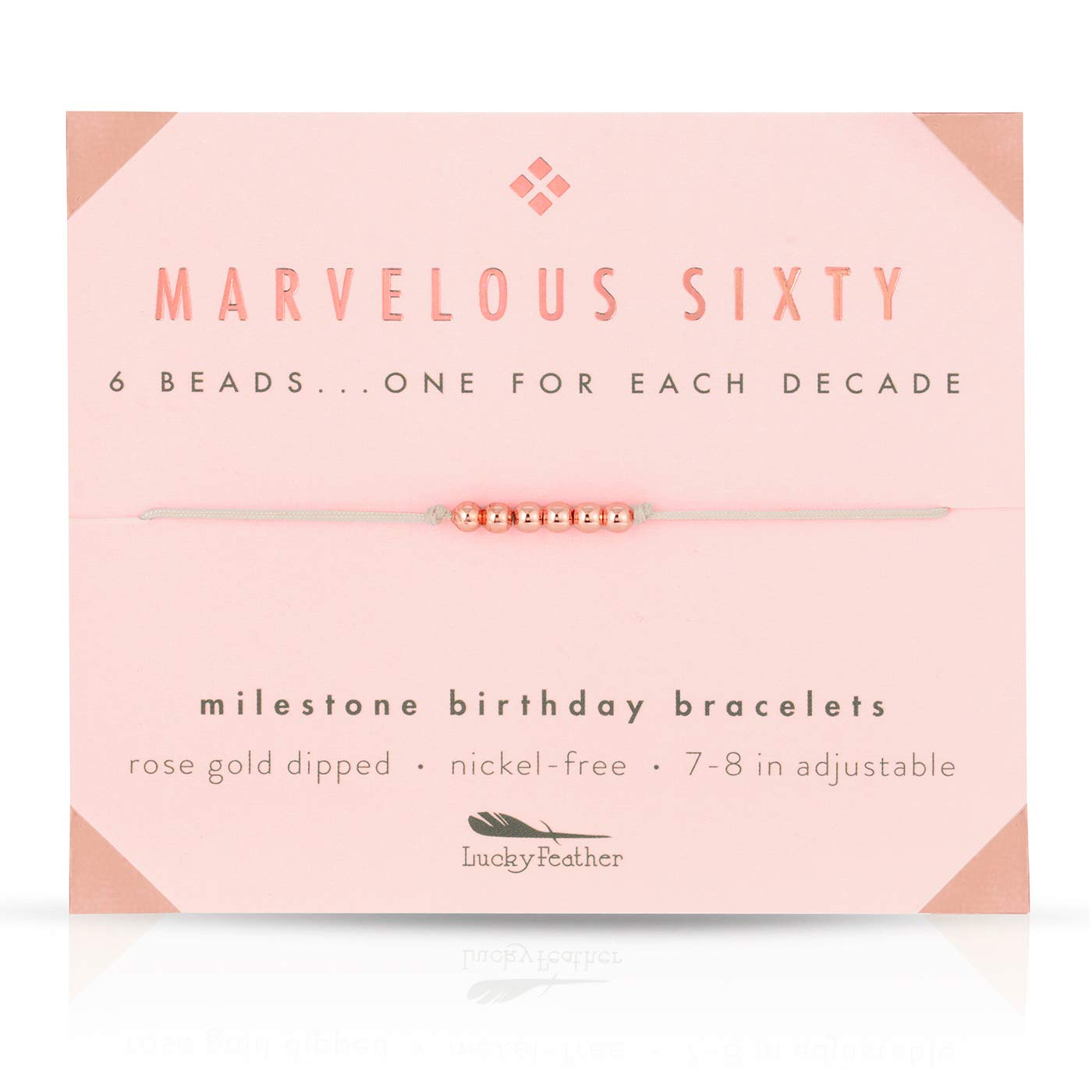Lucky Feather 60th Birthday Gifts for Women - 14K Rose Gold Dipped Beads Bracelet on Adjustable Cord, 60th Birthday Jewelry Gift Ideas for 60 Year Old Woman