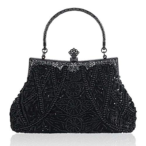 HOOLUCK Vintage Roaring 20s Beaded Sequined Evening Bag 1920s Flapper Clutch Gatsby Pearl Purses and Handbags… (Black)
