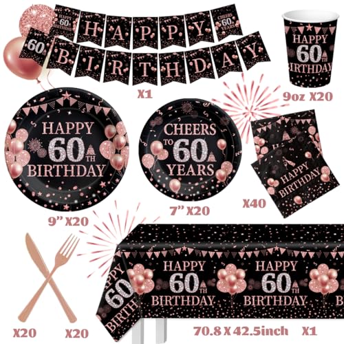 142Pcs Rose Gold 60th Birthday Decorations-Happy 60th Birthday Disposable Tableware for Women Rose Gold Birthday Plates and Napkins Set Serves 20 Guests