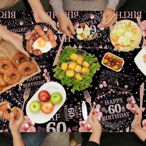 142Pcs Rose Gold 60th Birthday Decorations-Happy 60th Birthday Disposable Tableware for Women Rose Gold Birthday Plates and Napkins Set Serves 20 Guests