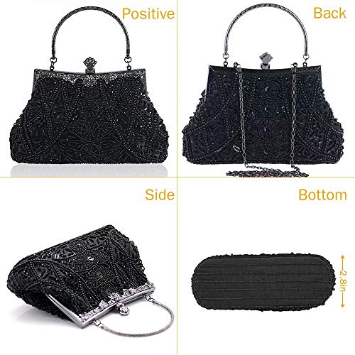 HOOLUCK Vintage Roaring 20s Beaded Sequined Evening Bag 1920s Flapper Clutch Gatsby Pearl Purses and Handbags… (Black)