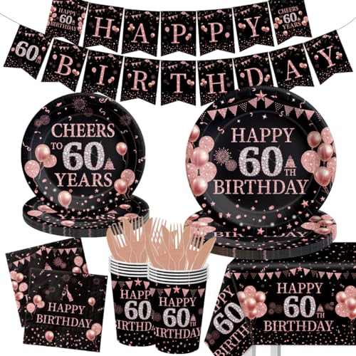 142Pcs Rose Gold 60th Birthday Decorations-Happy 60th Birthday Disposable Tableware for Women Rose Gold Birthday Plates and Napkins Set Serves 20 Guests