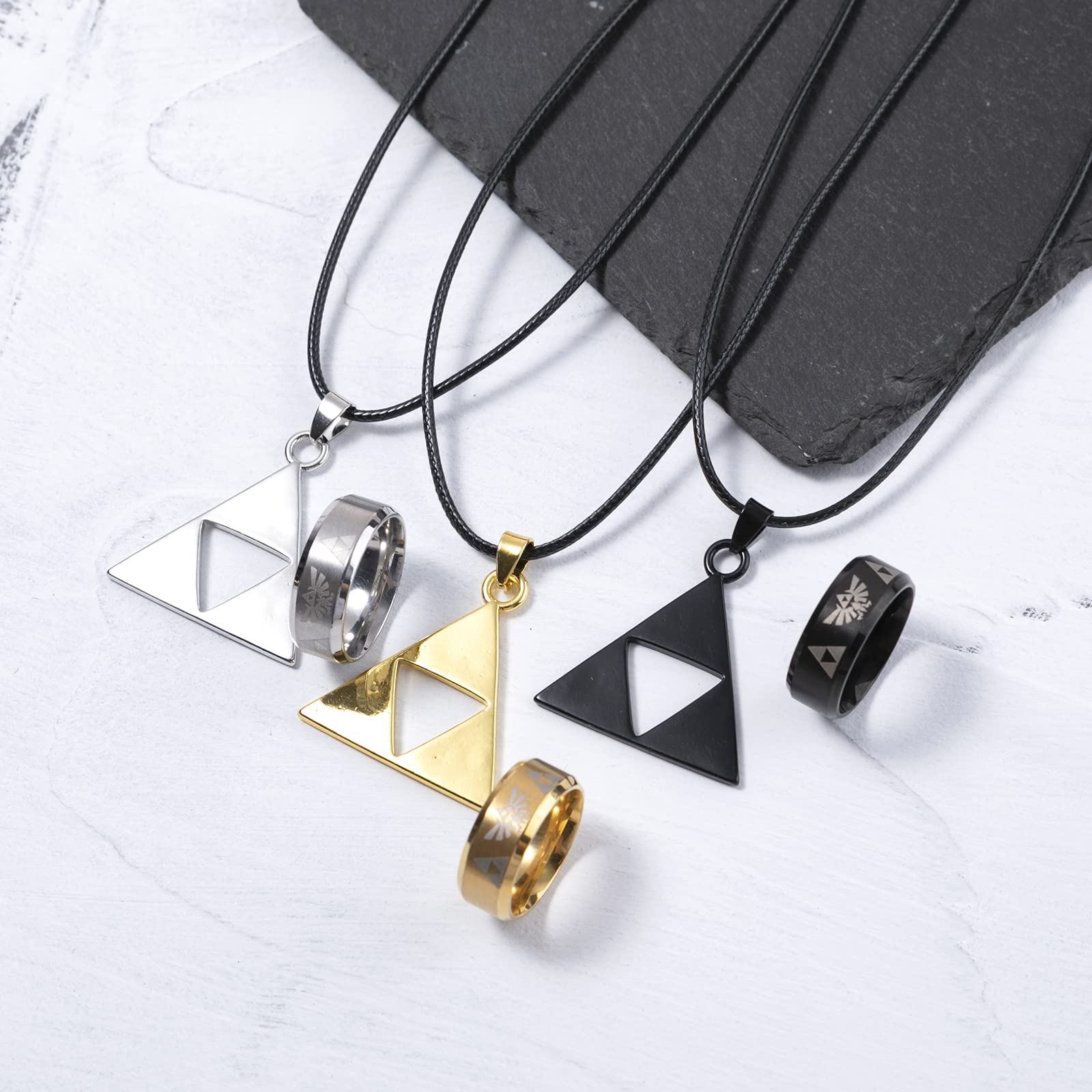 Winssigma Stainless Steel Ring for Men, Triangle Pendant Necklace Cosplay Jewelry Set for Gaming Enthusiast(Gold #6)