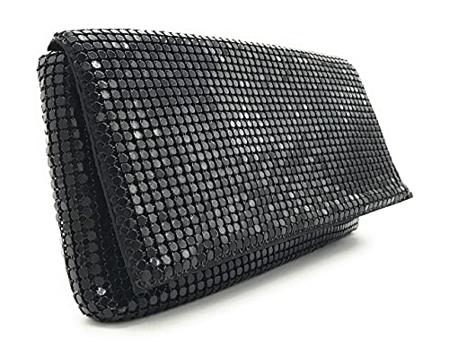 Frewahmesh Womens Evening Clutch Metal Mesh purse handbag with short shoulder strap for Cocktail Party Prom Wedding (Black)